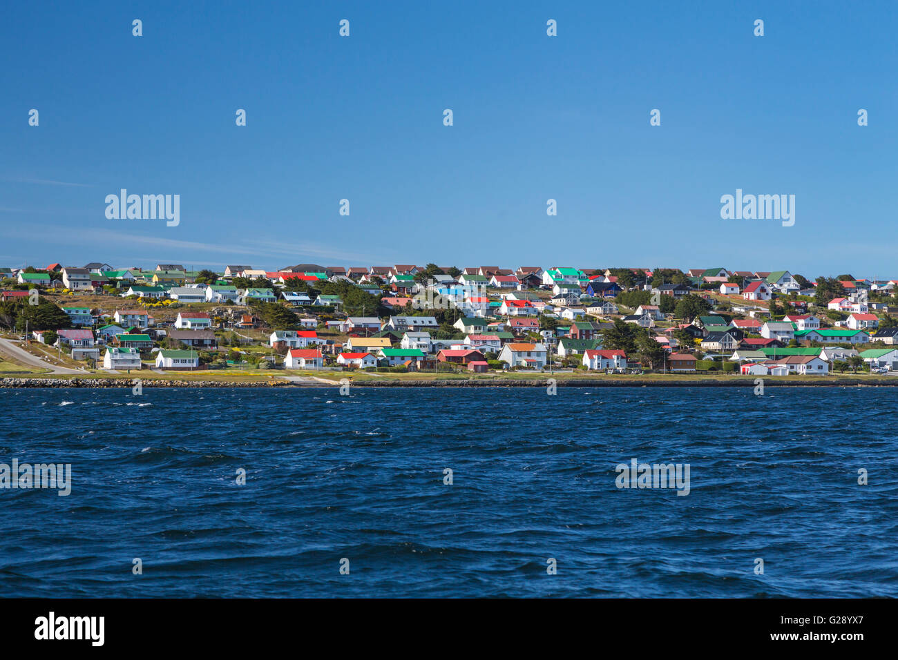 A view of the colorful buildings on the hillside of Stanley, the ...