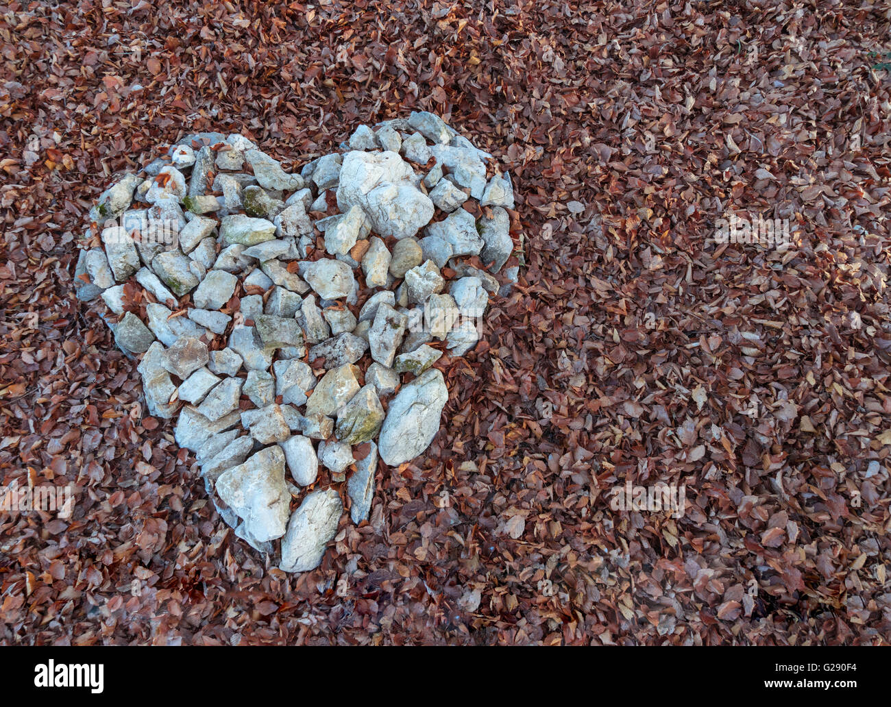 Formed heart with stones on the left side in leaves Stock Photo - Alamy