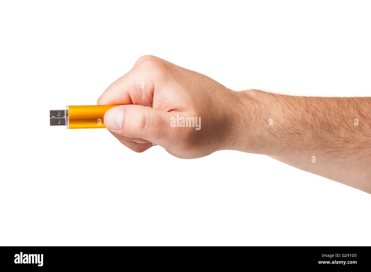 White male hand holding an usb flash drive isolated on white background ...