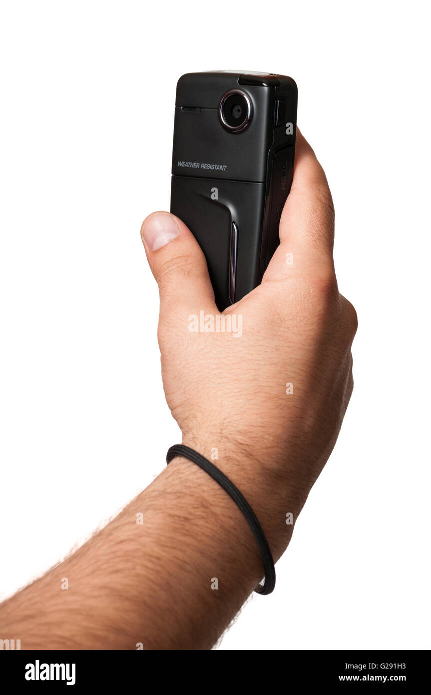 White male hand holding a camera and taking a selfie on a white ...