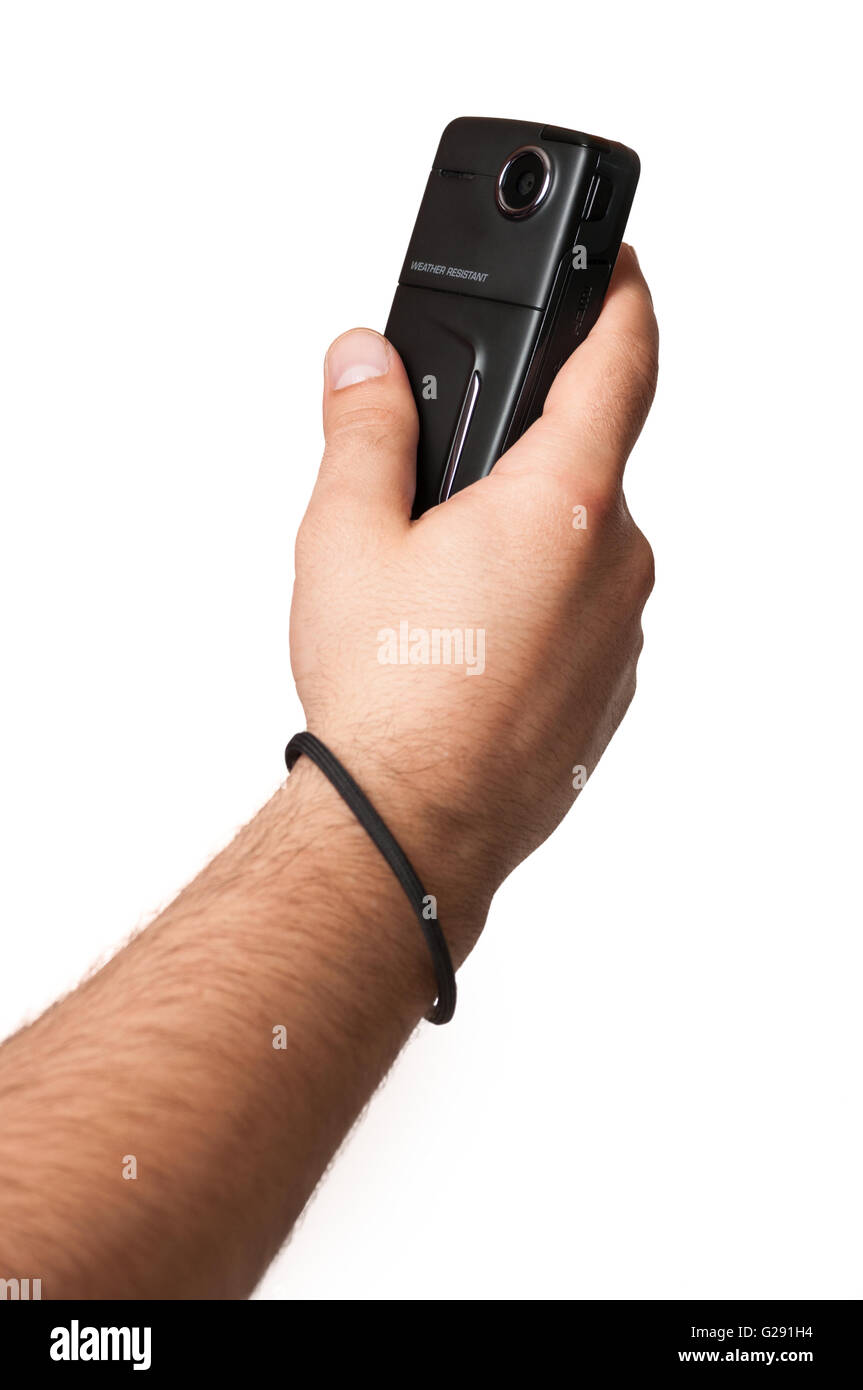 White male hand holding a camera and taking a selfie, isolated on a ...