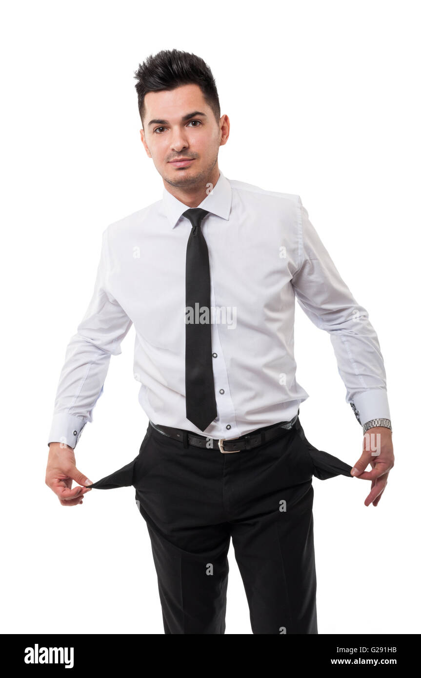 Bankrupt business man showing his empty pockets, on white background ...