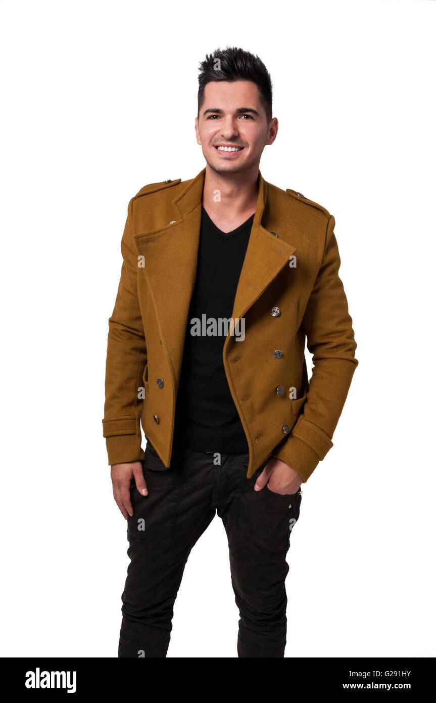 Beautiful and handsome male model wearing a fancy jacket and smiling ...