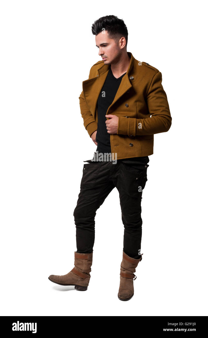 Male model presenting his fancy wear. In a photo studio on a white ...