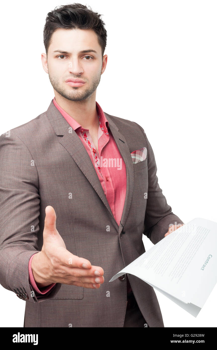 Business man ready to shake hand while holding the contract Stock Photo ...