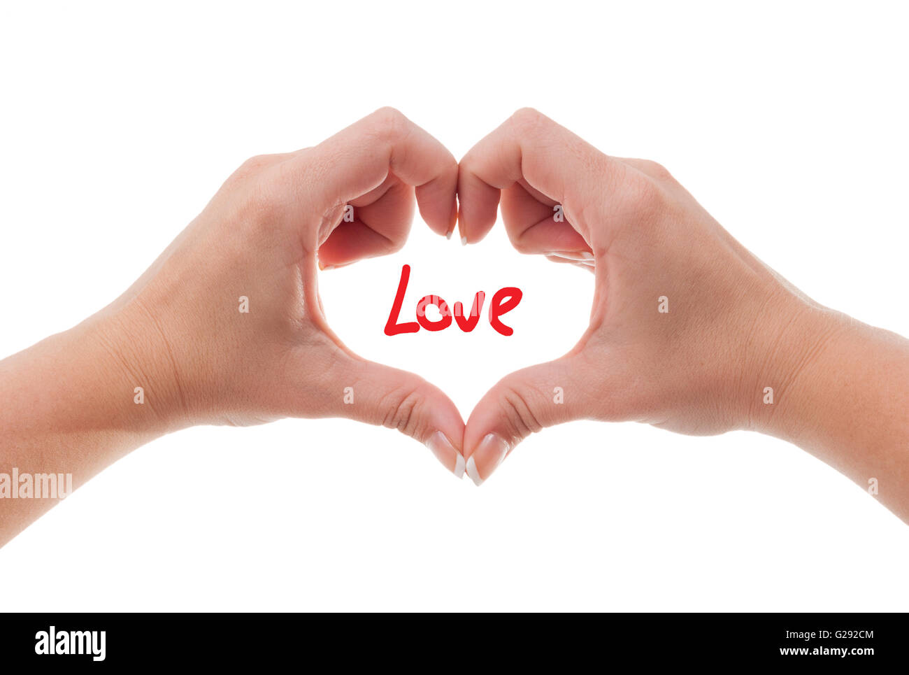 Beautiful female hand showing the love sign isolated on a white ...
