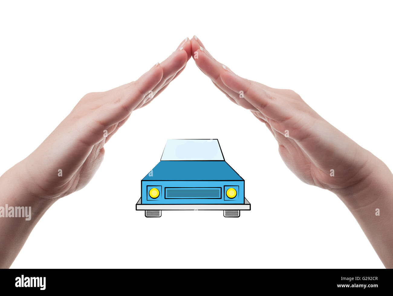 Two hands protecting a car. Concept for car insurance, isolated on ...