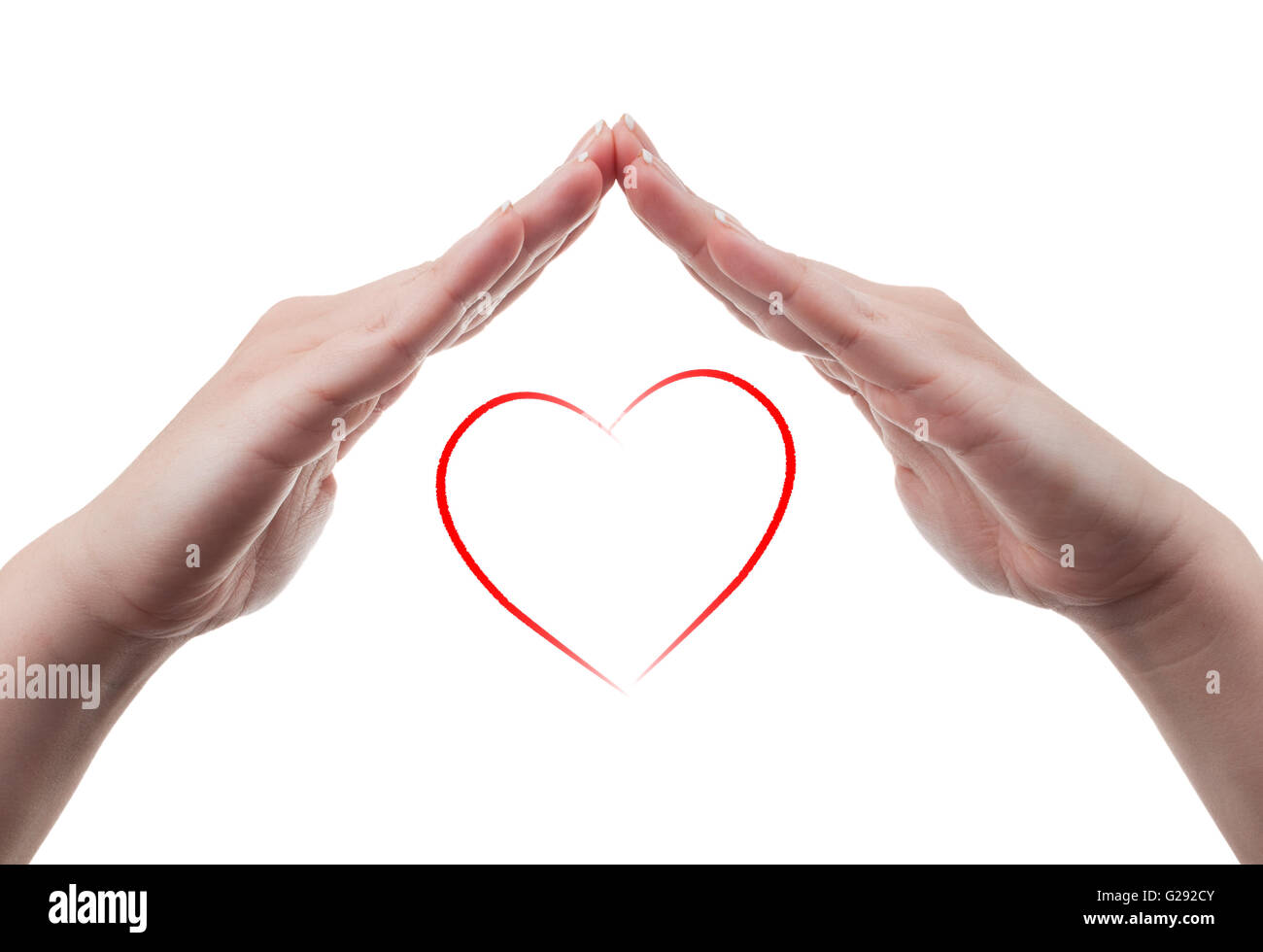 Beautiful female hands protecting a red heart shape isolated on white ...