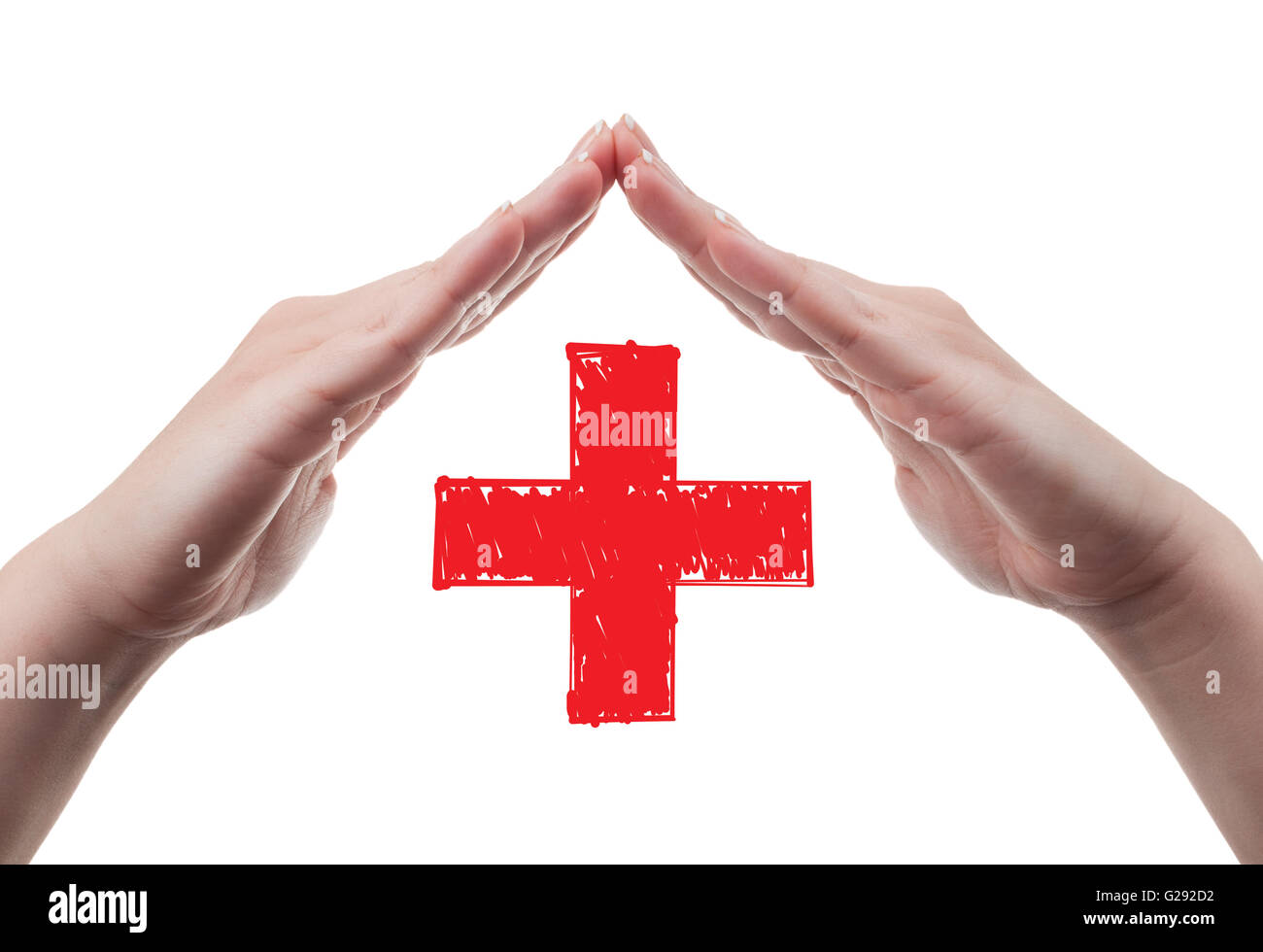 White female hands acting as a roof and protecting the red cross sign ...