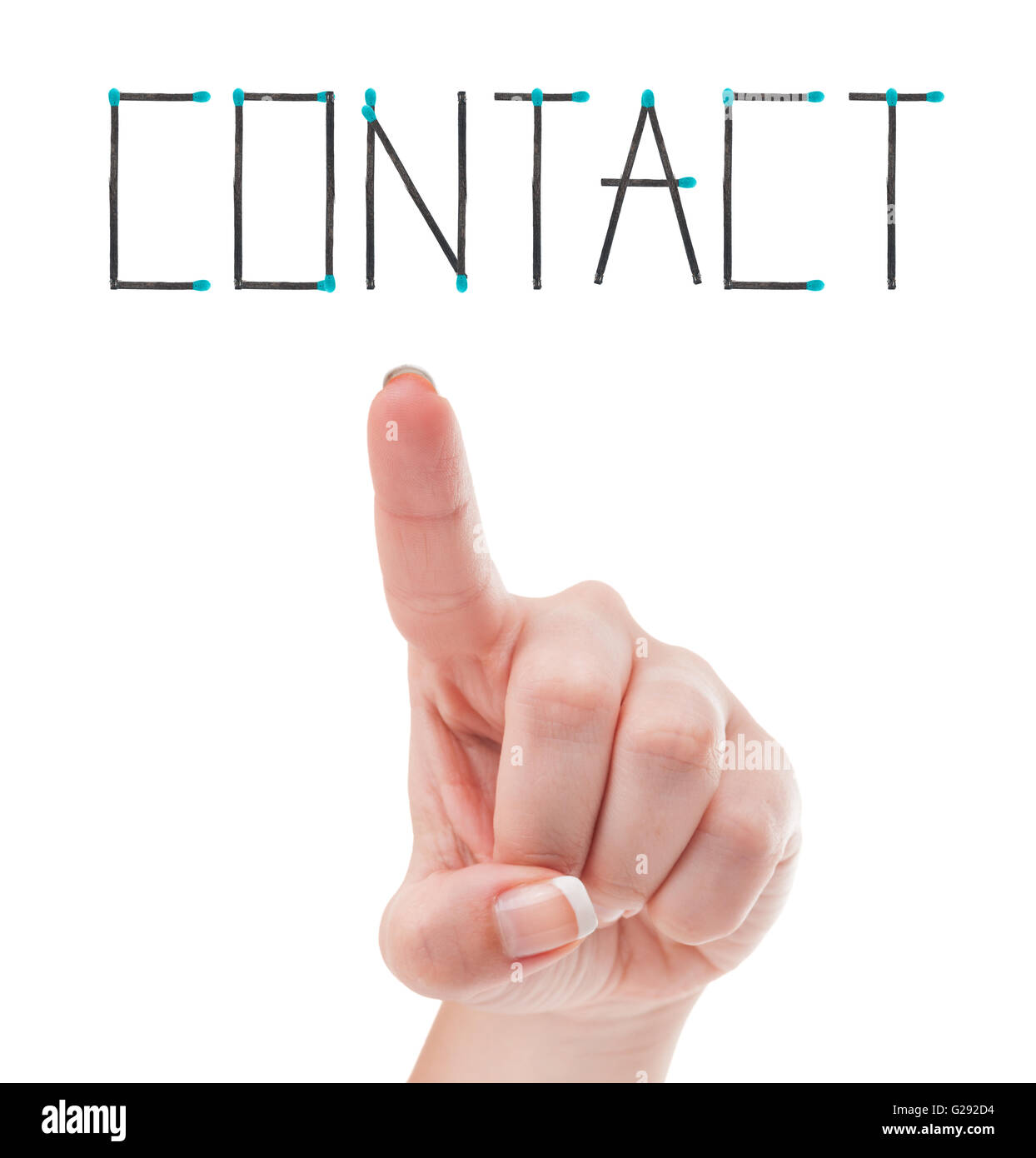 Contact word written using safety matches and female hand touching the ...