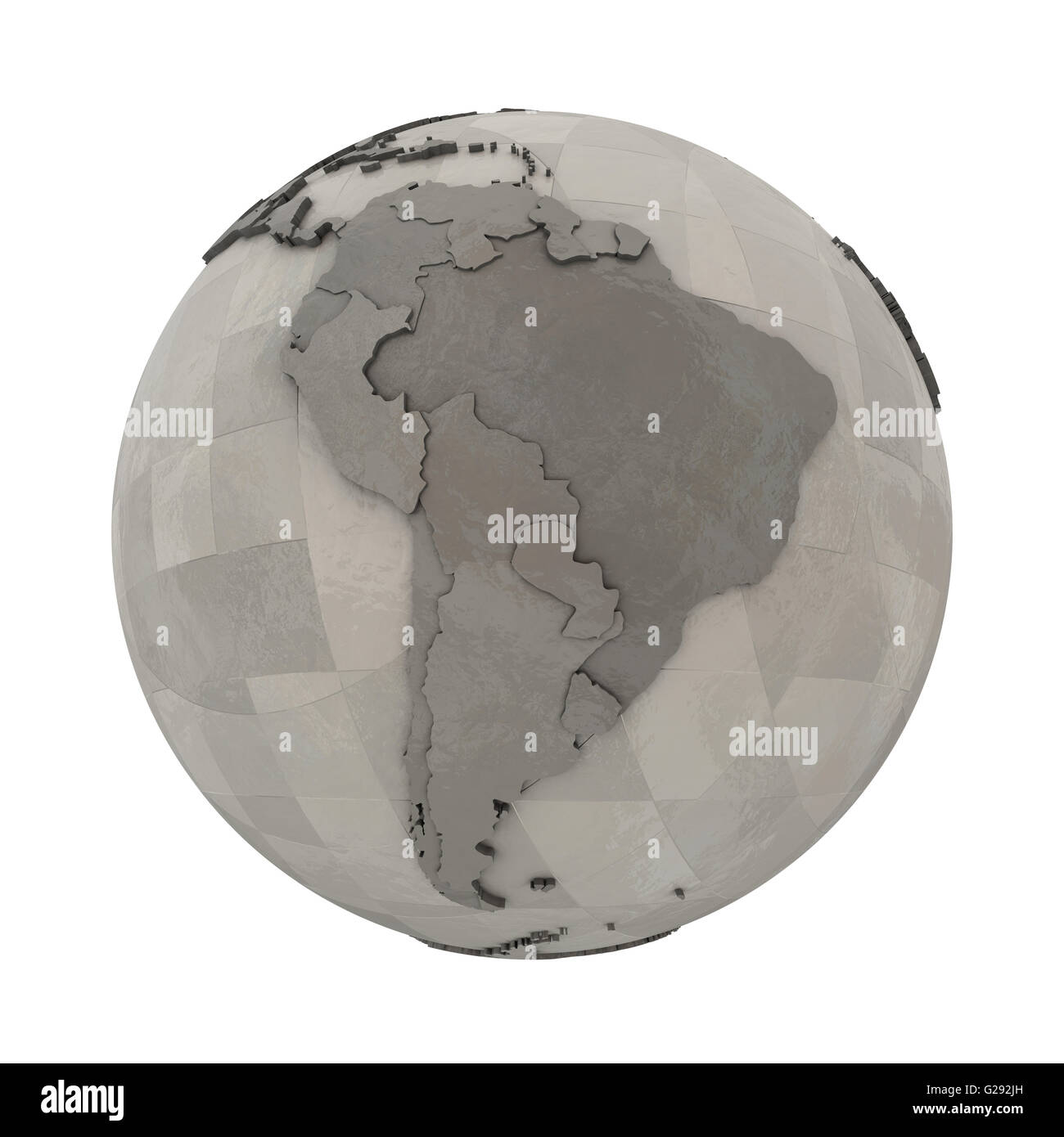 South America on 3D model of metallic planet Earth made of steel plates ...