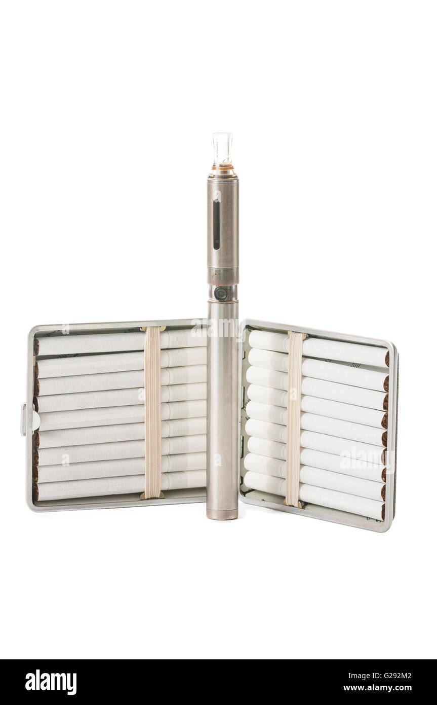 Normal cigarettes in a case and electronic cigarette isolated on white ...