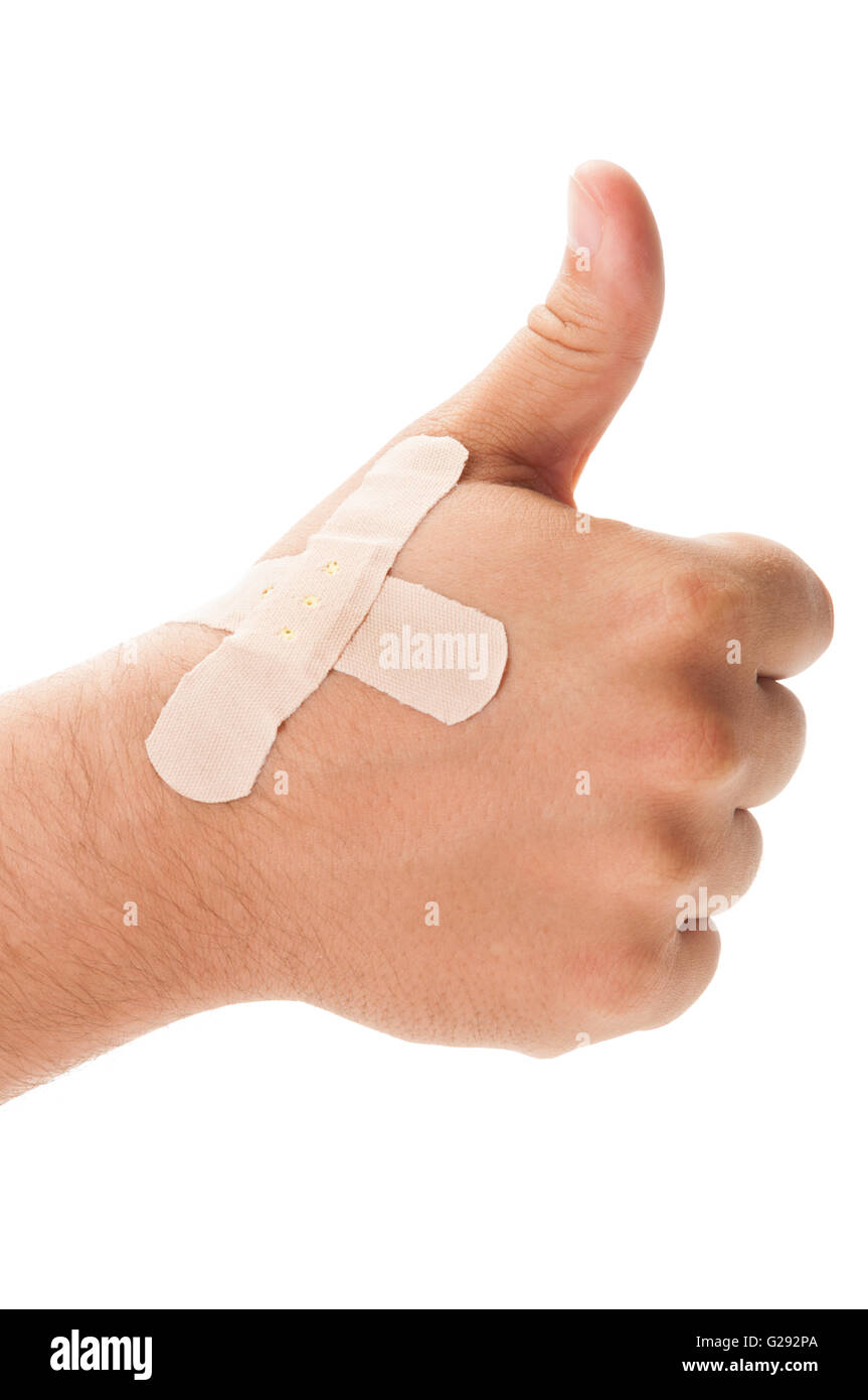 Patched hand showing OK sign on white background Stock Photo - Alamy