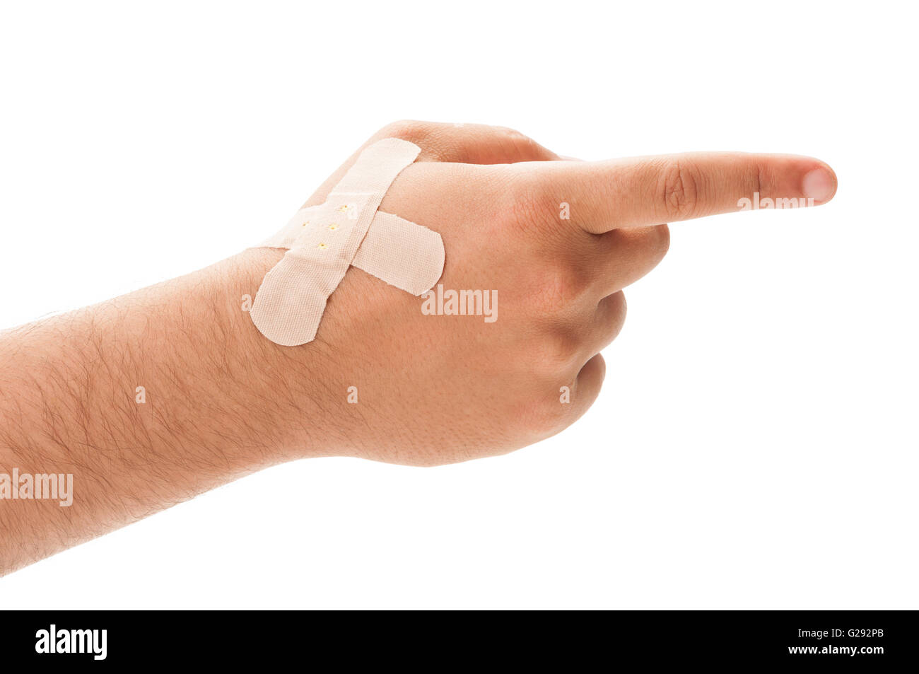 Hand with plaster pointing on white background Stock Photo - Alamy