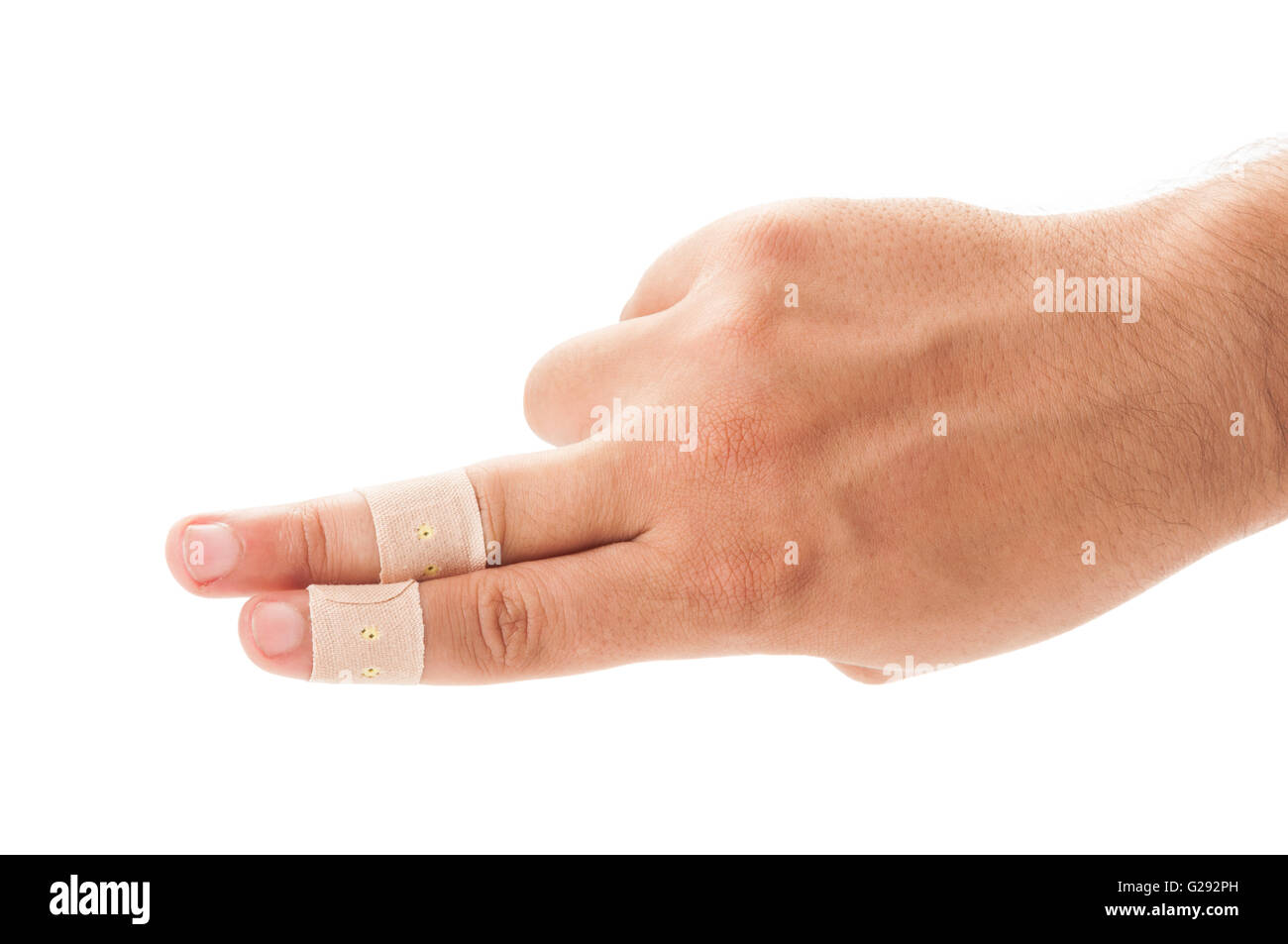 Two fingers patched with plaster on white background Stock Photo - Alamy