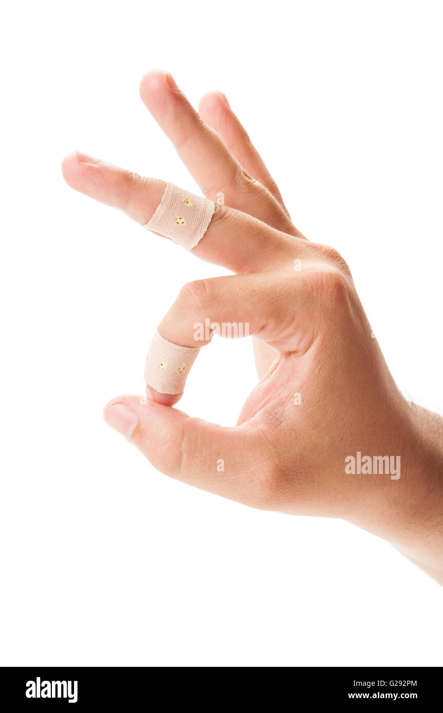Ok or perfect sign using hand with patches on fingers isolated on white ...