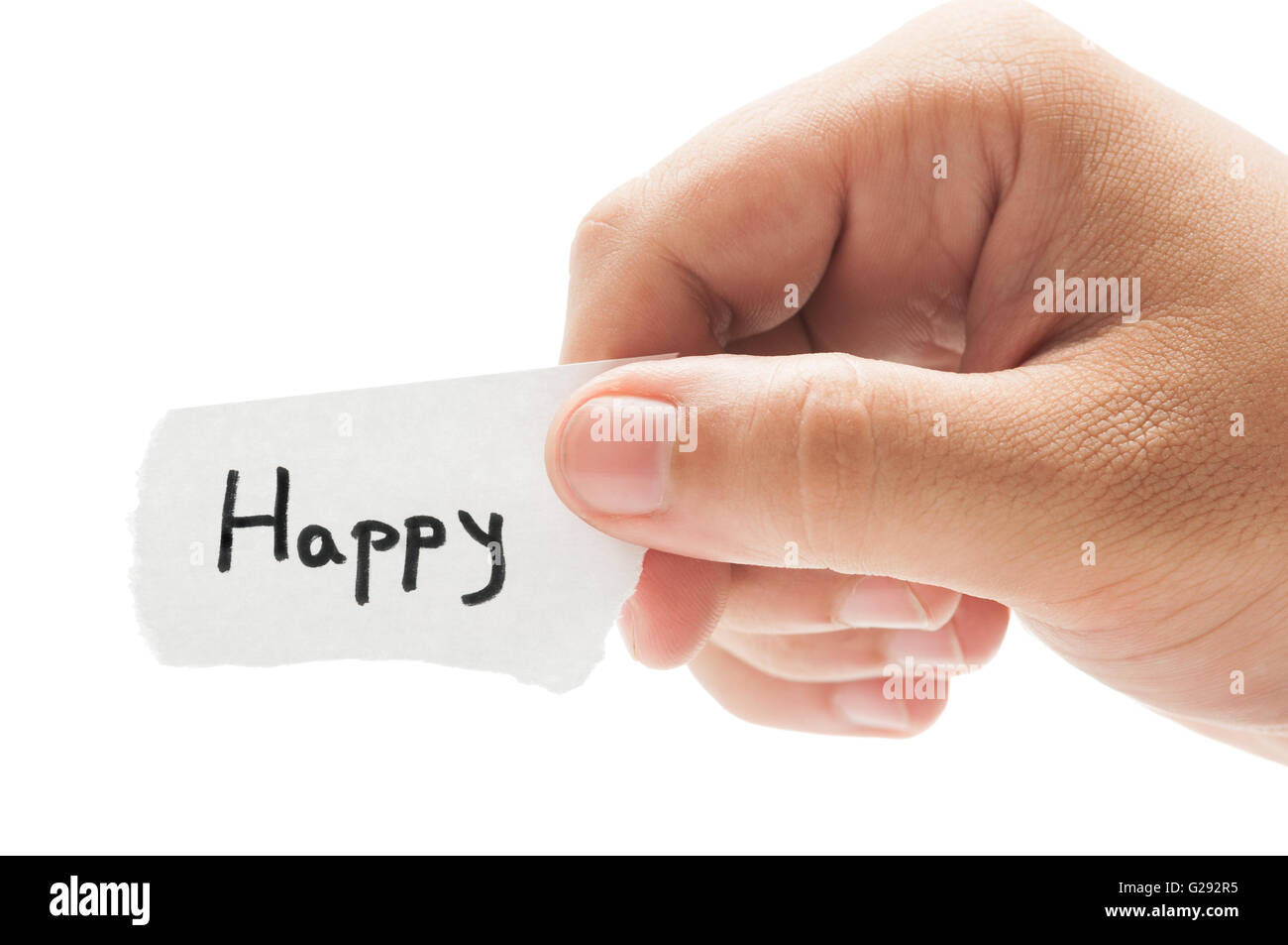 Happy message concept using a hand holding a small piece of paper on ...