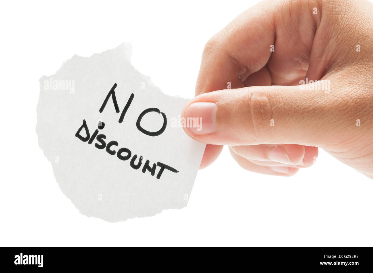 No discount message concept using a hand holding a small piece of paper ...