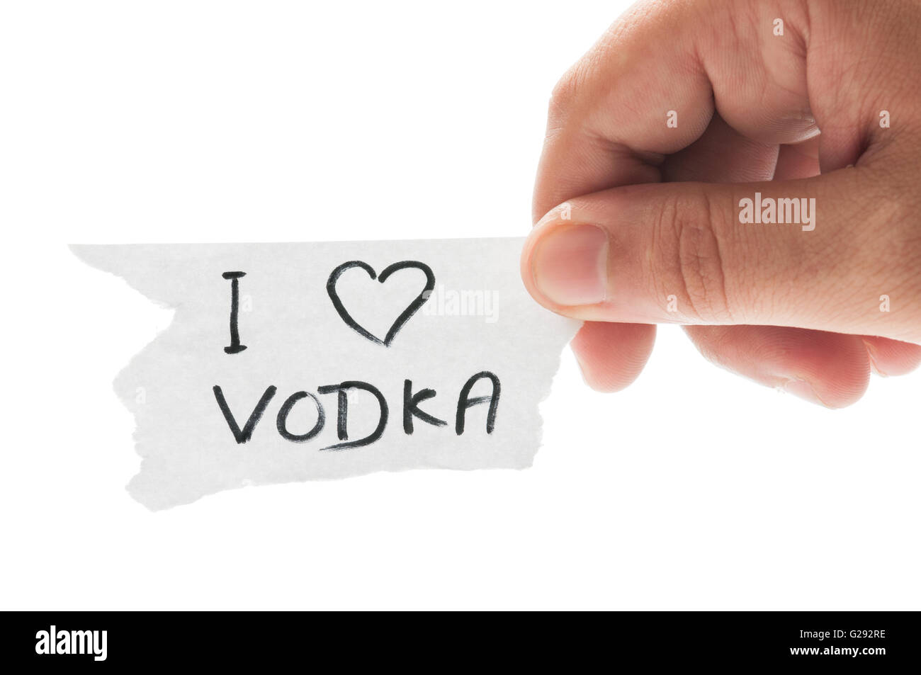 I love Vodka concept using a piece of white paper and one hand holding ...