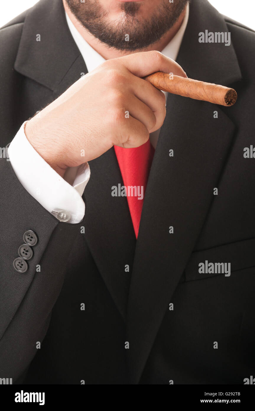Elegant businessman smoking a cuban cigar. He wears a clasic black suit ...
