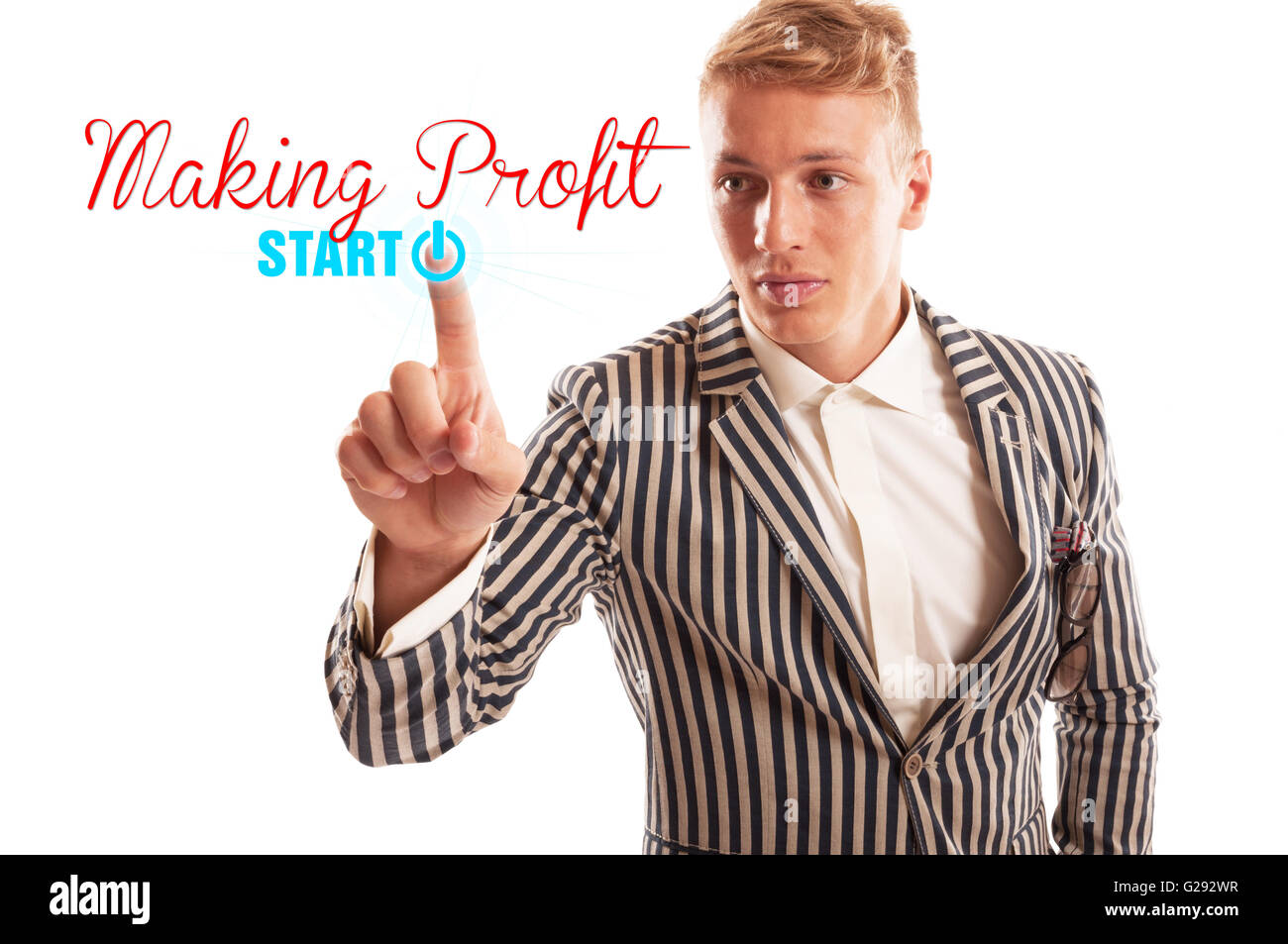 Start making profit concept using a man pressing the start button undet ...