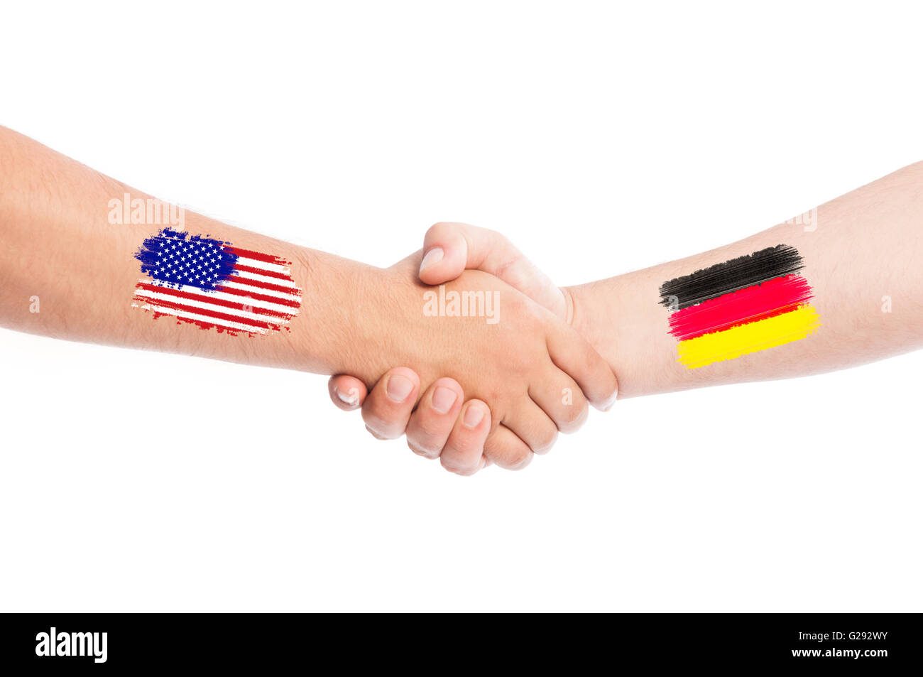 USA and Germany hands shaking with flags painted on arms concept ...