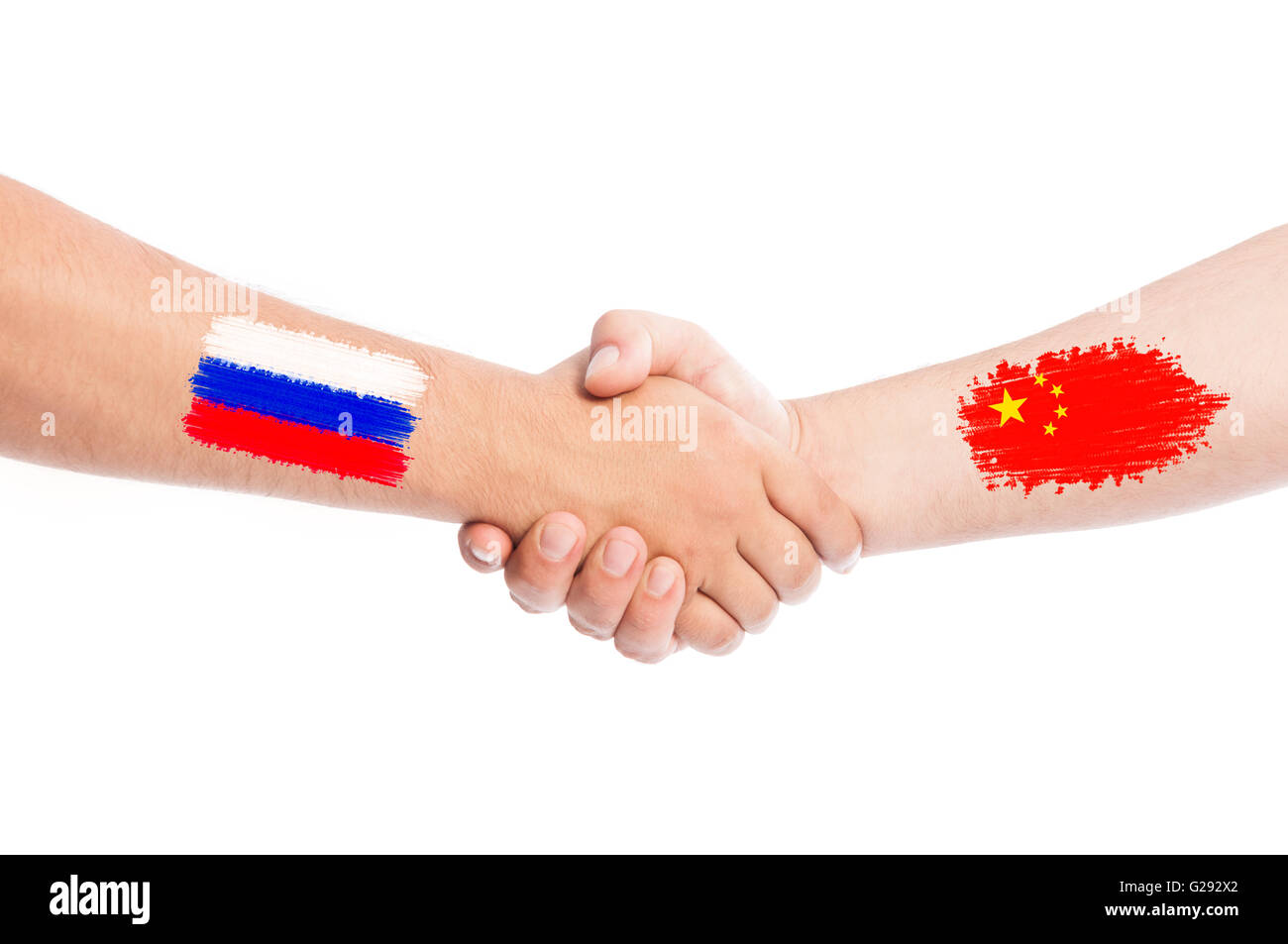 Russia and China hands shaking with flags painted on arms concept ...