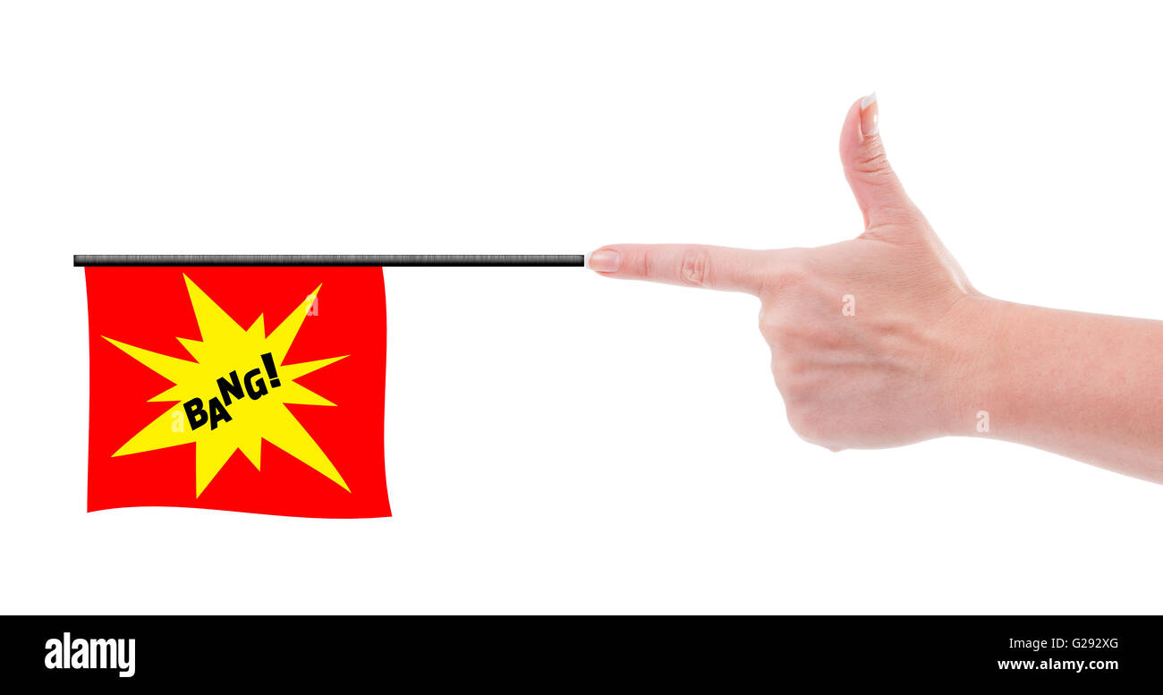 Female hand shooting bang flag concept isolated on white background ...