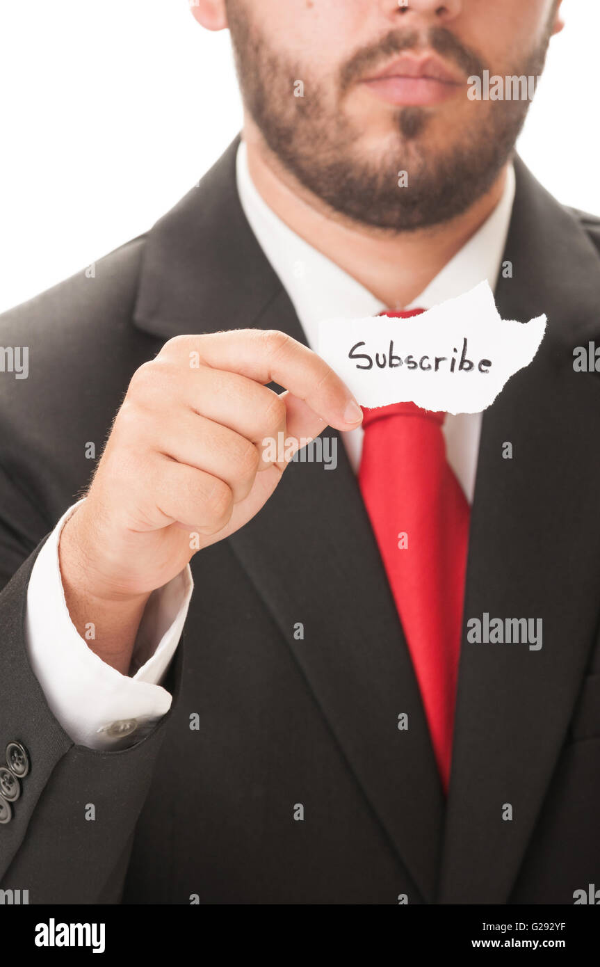 Subscribe concept using a man wearing a black suit and red necktie and ...