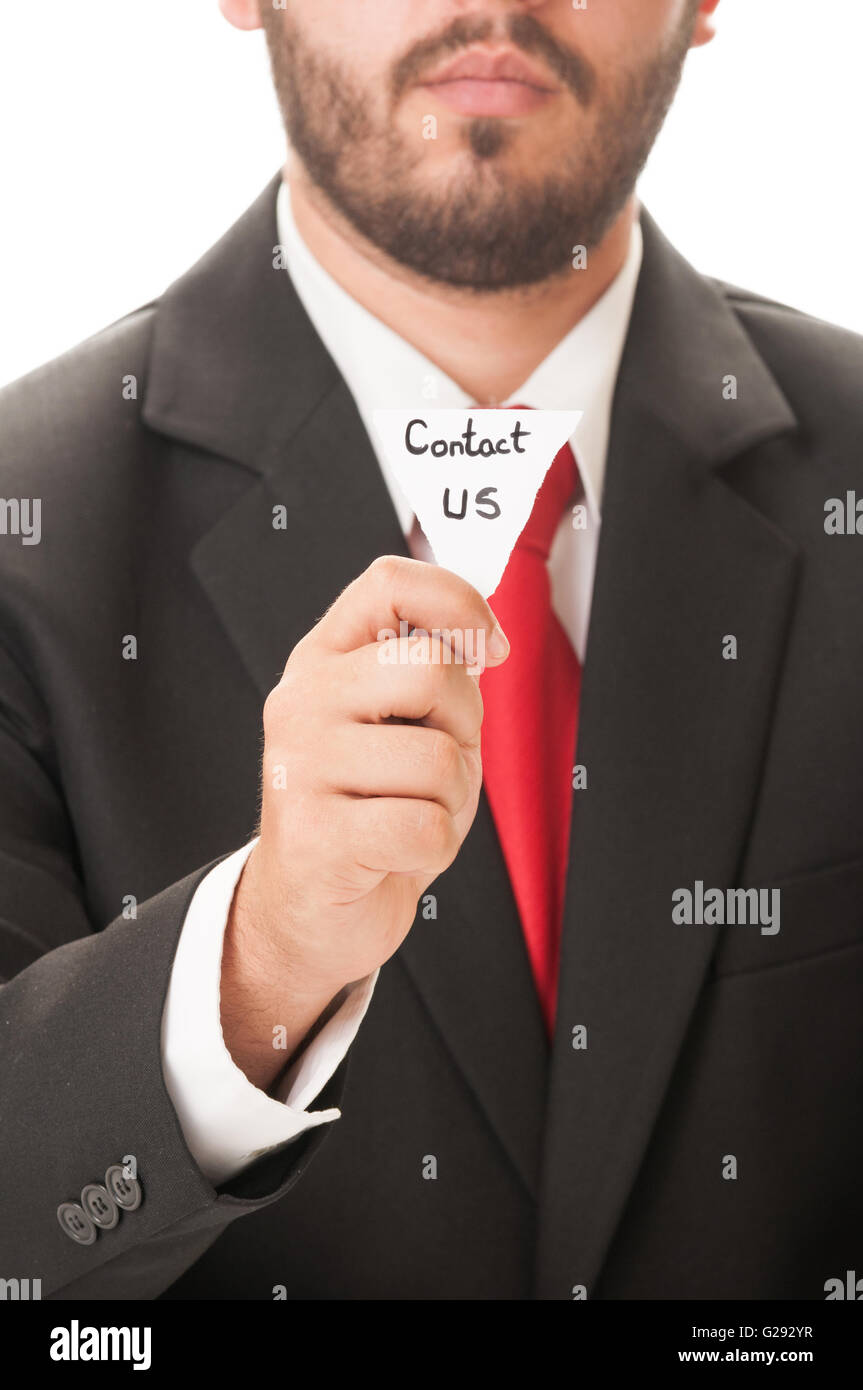 Contact us concept using a man wearing a black suit and red necktie and ...