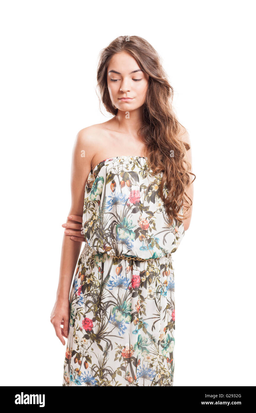 Long hair female model posing isolated on white studio background Stock ...