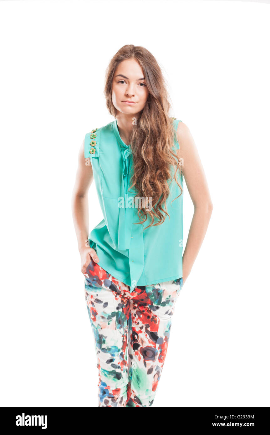 Natural long hair female model posing on white studio background Stock ...