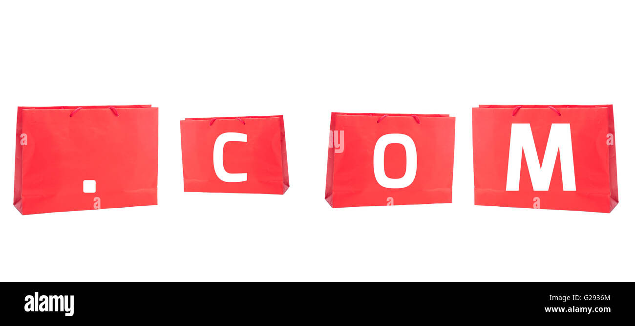 Dot com or .com concept using red shopping bags isolated on white ...