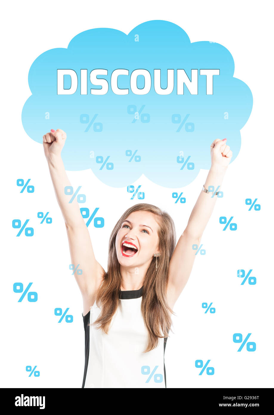 Rain of discounts on a happy woman on white background Stock Photo - Alamy