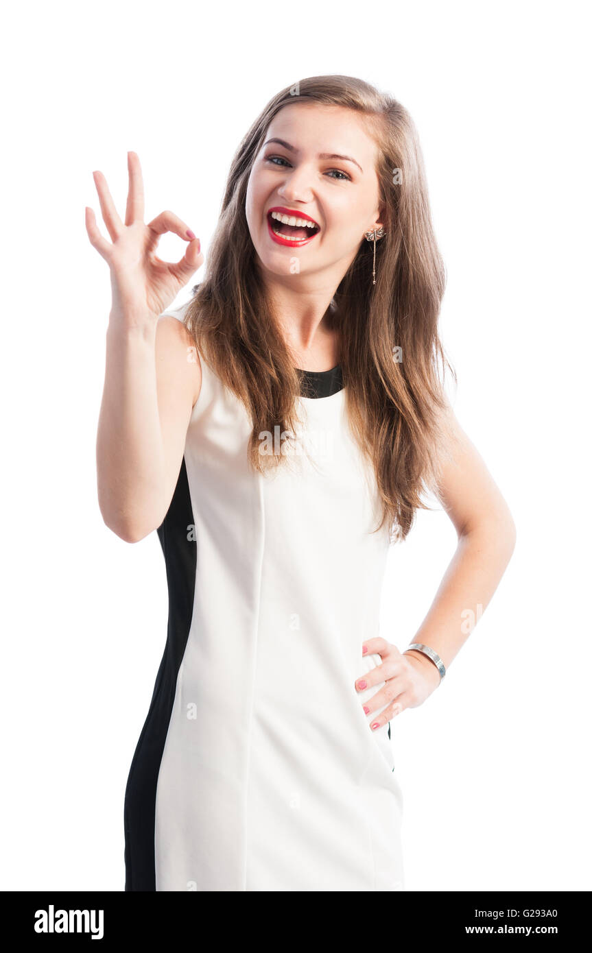 Business woman making ok or perfect gesture using hand while smiling ...