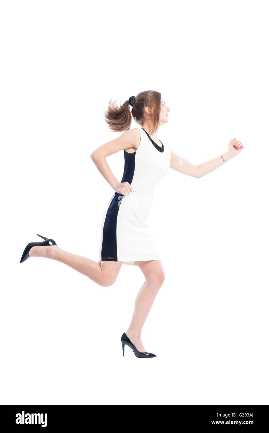 Business woman running isolated on white background Stock Photo - Alamy