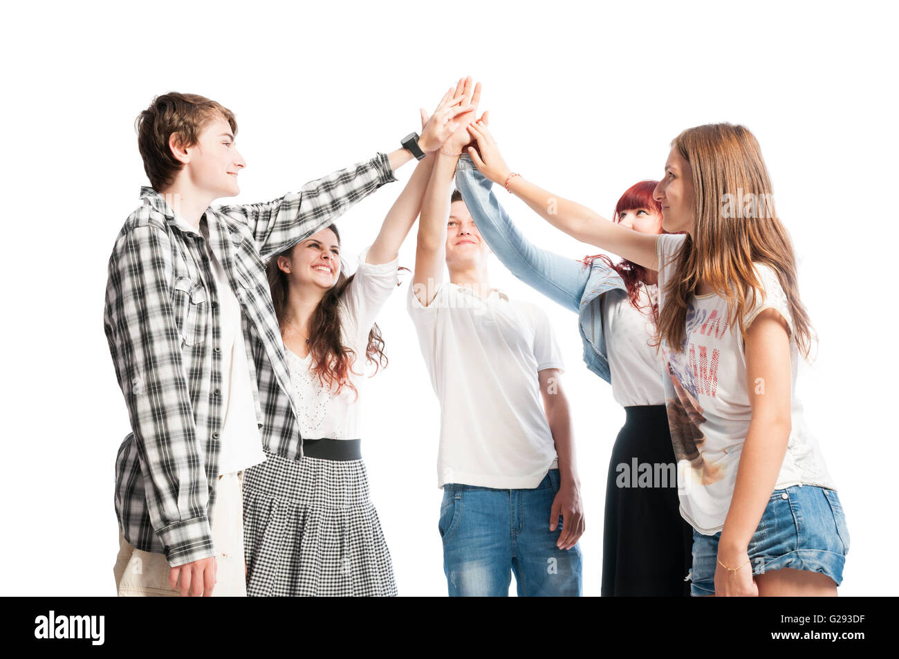 Young group high five isolated on white background Stock Photo - Alamy