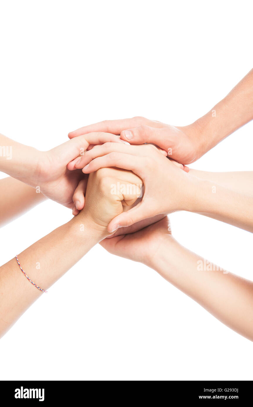 Hands joined together on white background Stock Photo - Alamy