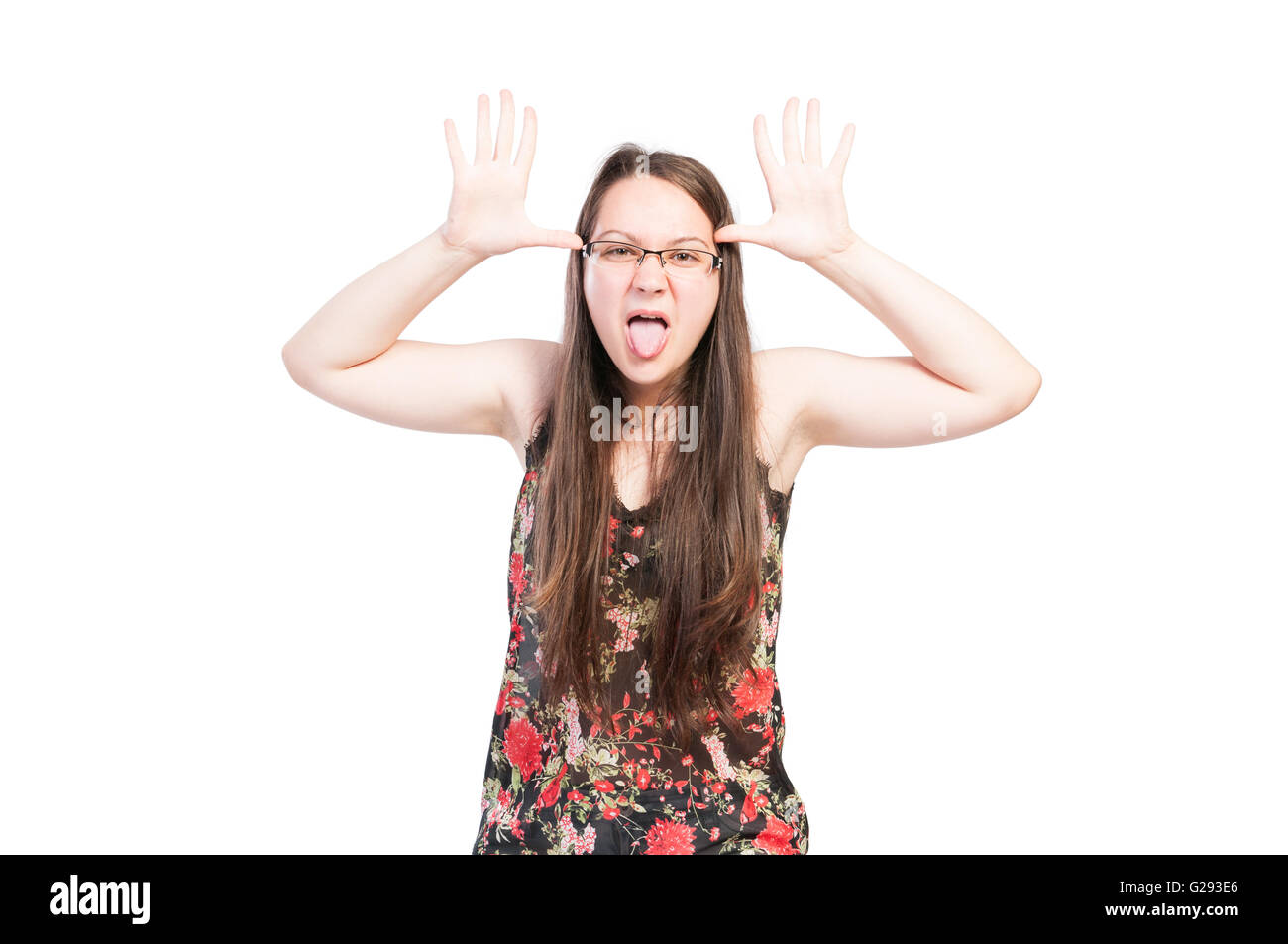 Bad bully girl making funny face isolated on white background Stock ...