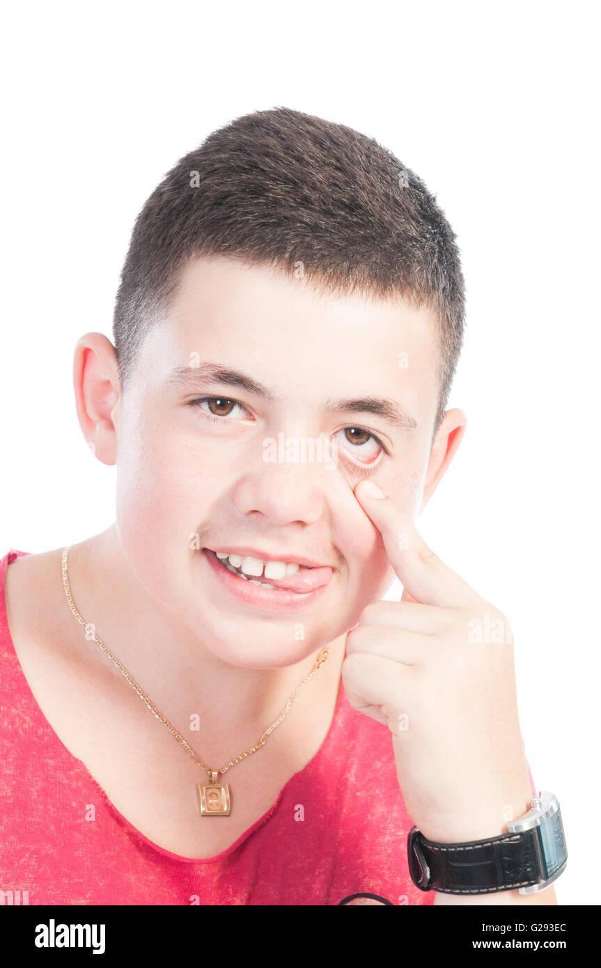 Young kid making funny face isolated on white background Stock Photo ...