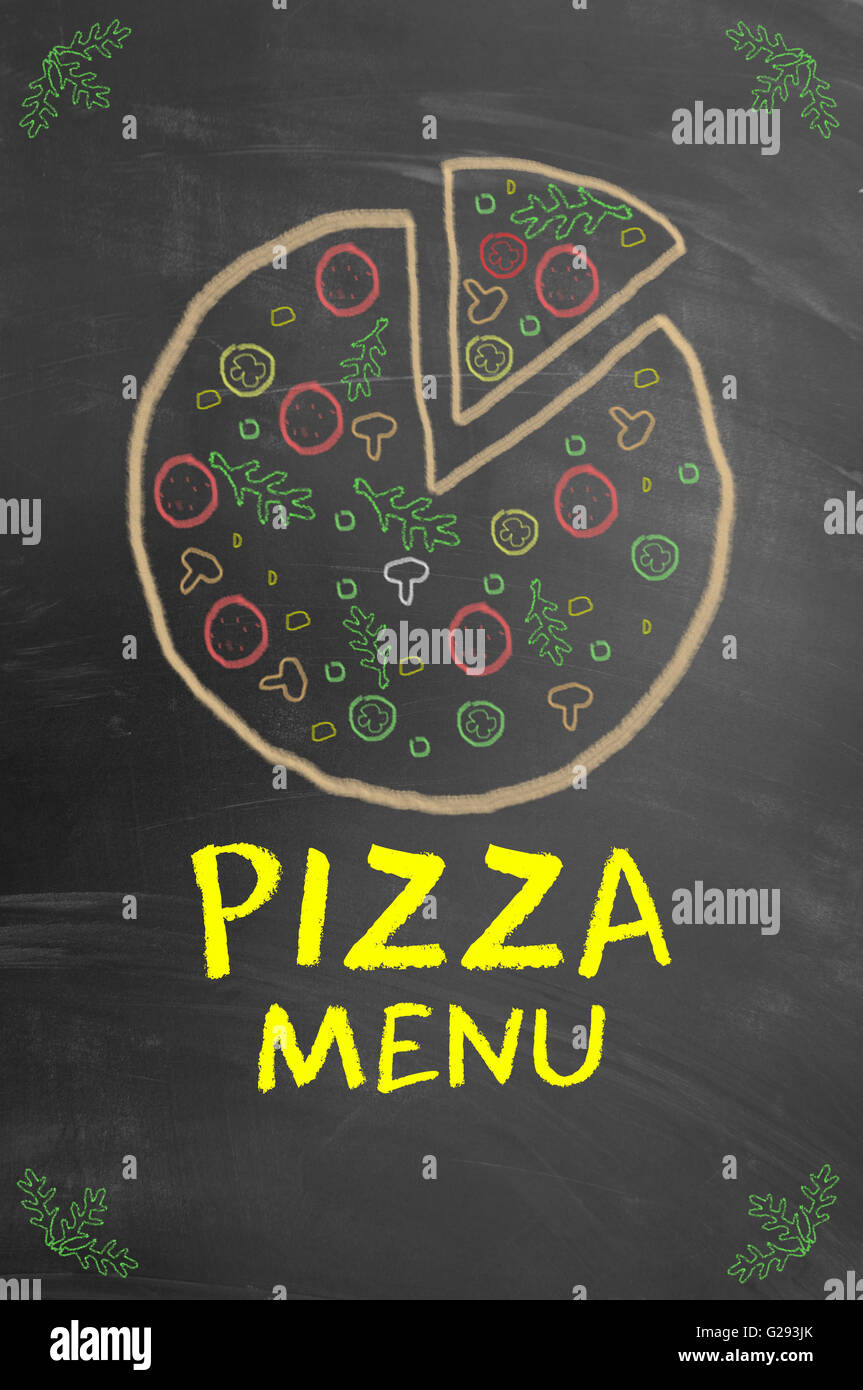 Colored pizza menu concept on blackboard Stock Photo - Alamy