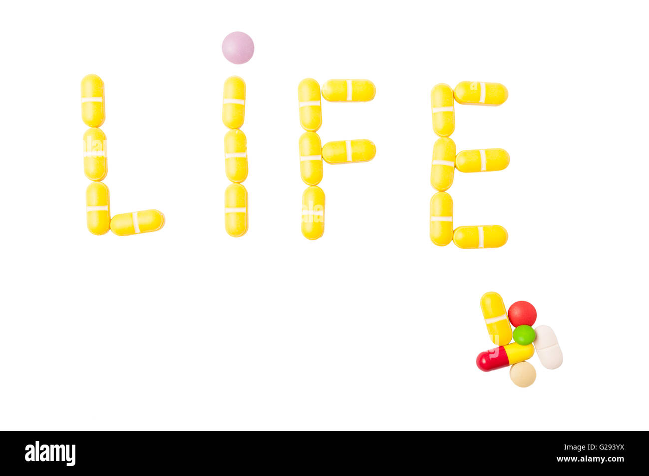 Life word made with pills isolated on white background Stock Photo - Alamy