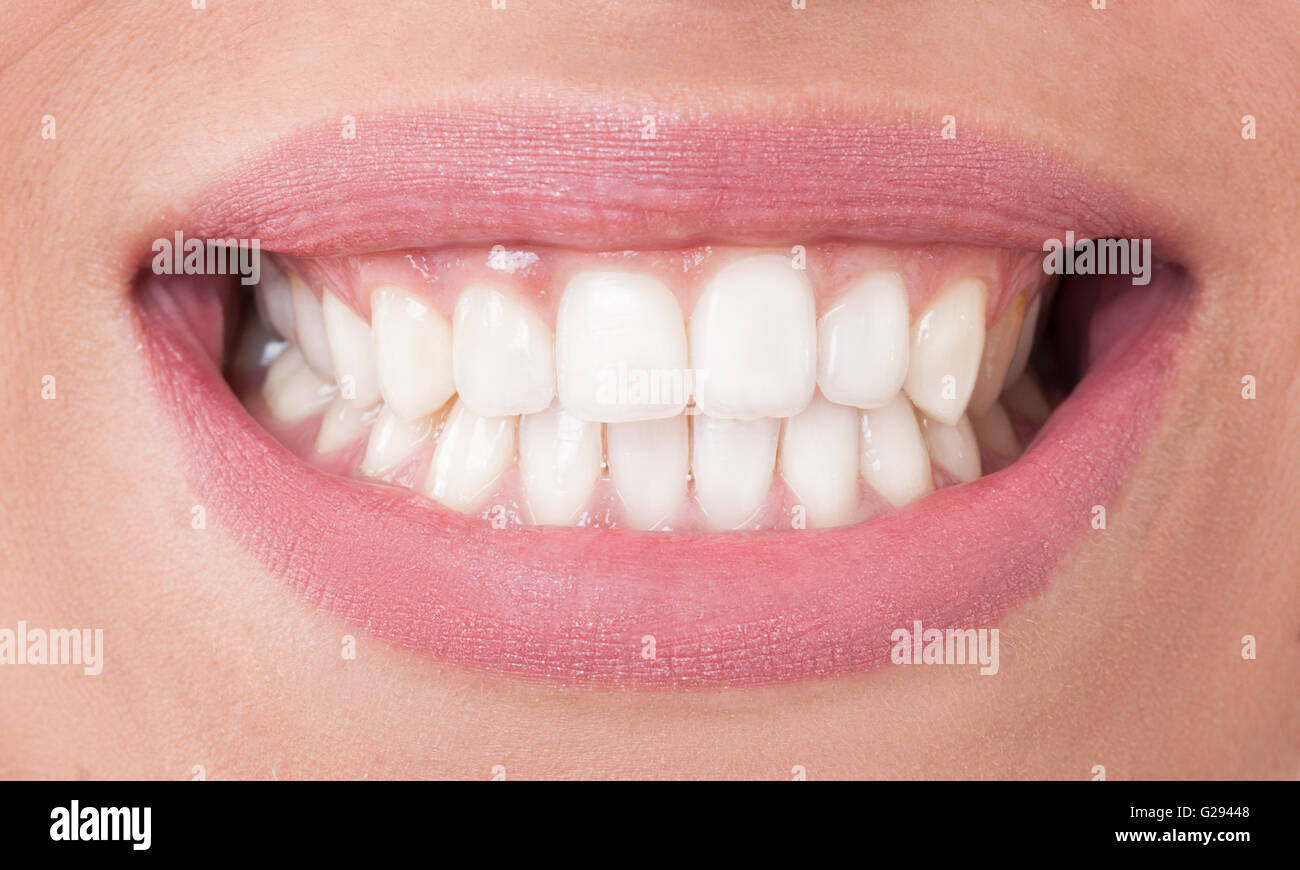 Closeup with perfect female teeth. Dental concept Stock Photo - Alamy