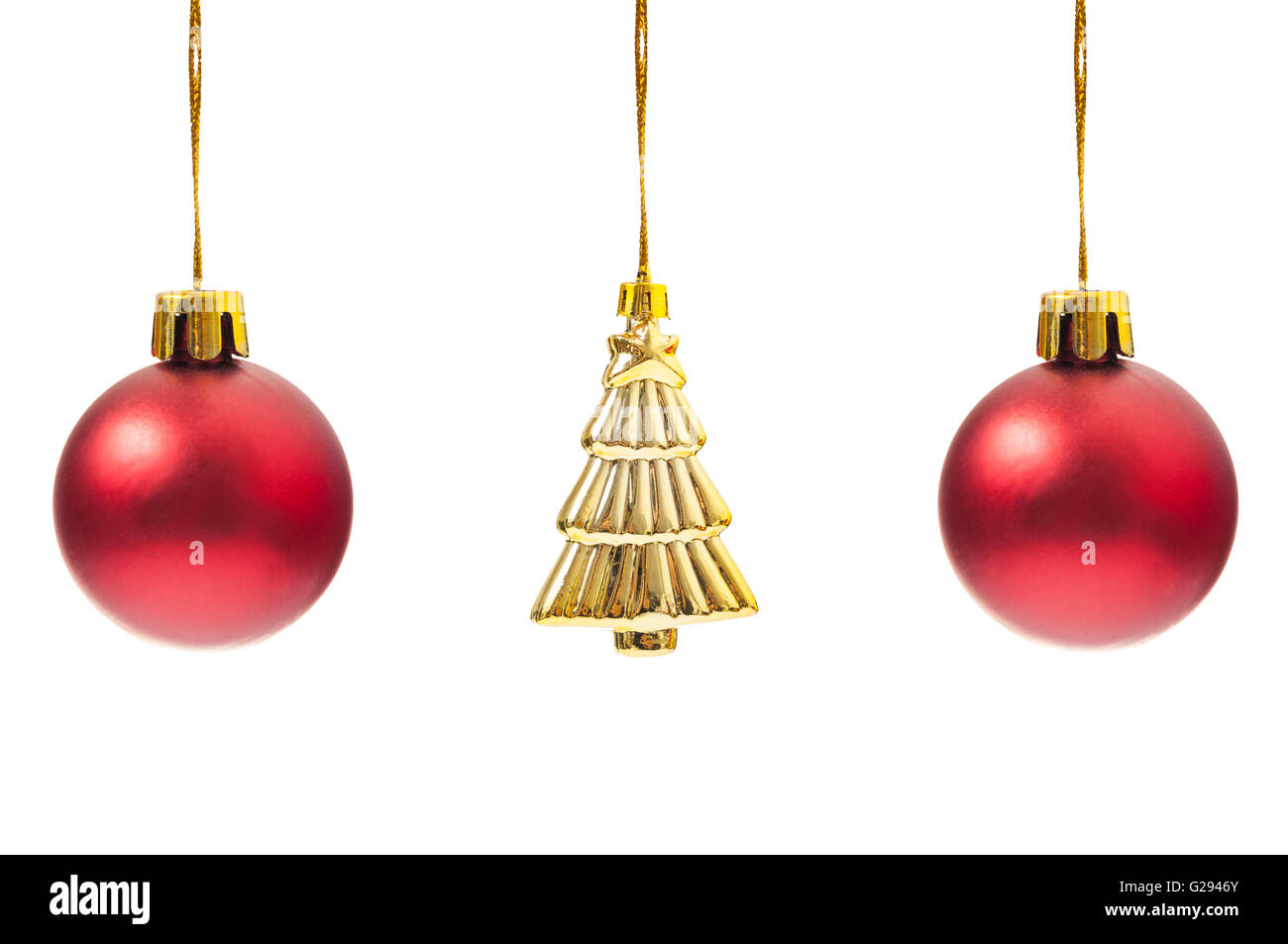 Three Christmas decorations hanging isolated on white background Stock ...
