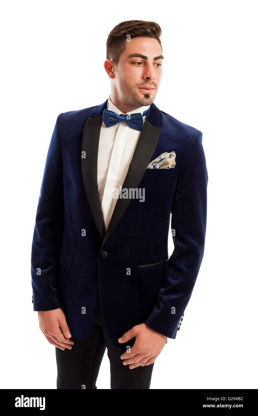 Handsome and elegant male model wearing blue suit, bow tie and ...
