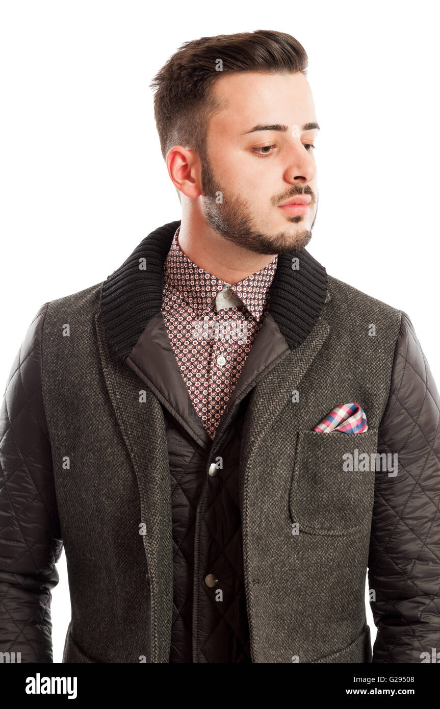 Portrait of a handsome male model wearing an early spring jacket Stock ...