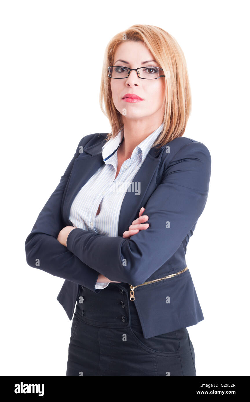 Confident business woman arms crossed on white background Stock Photo ...