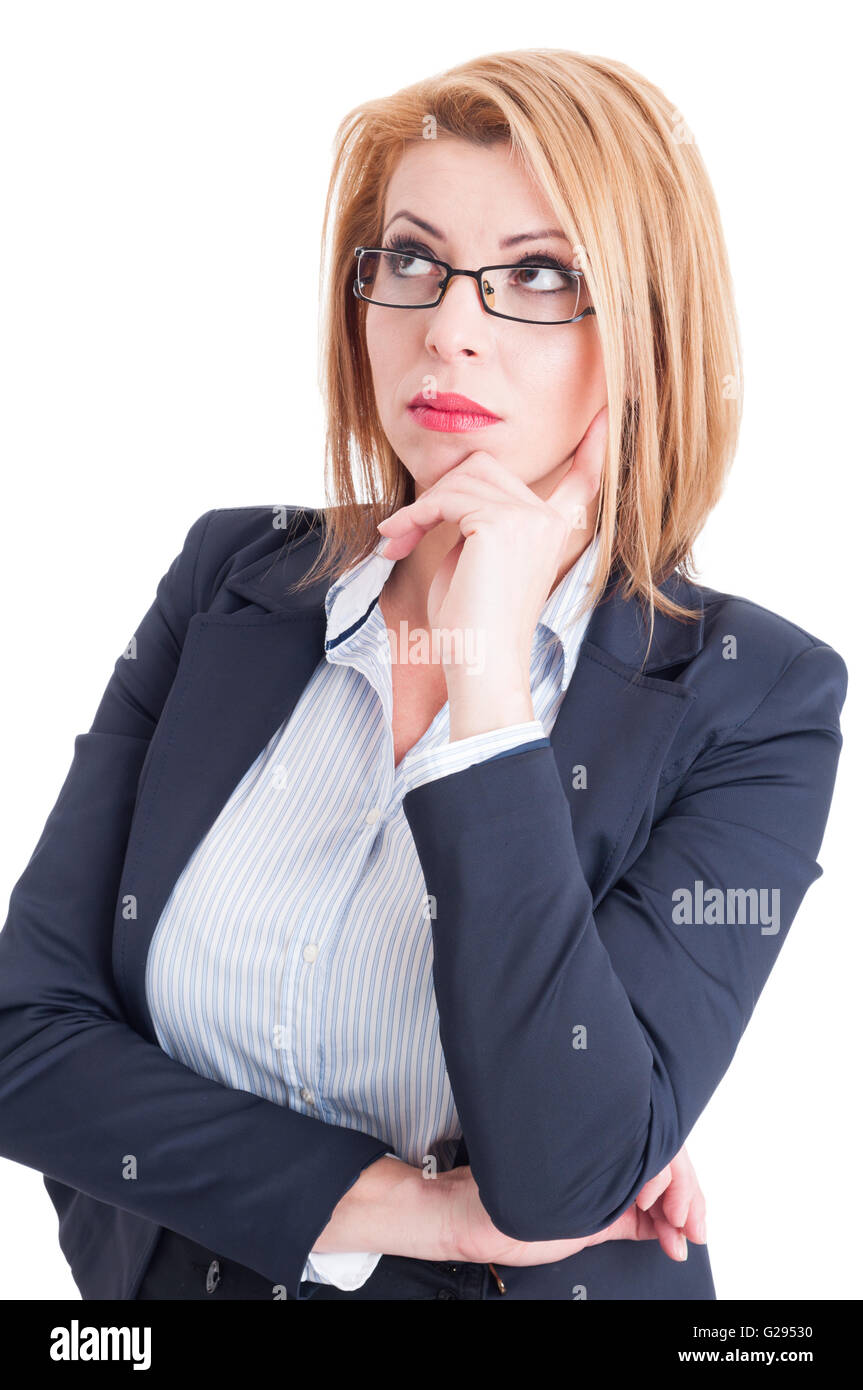 Beautiful business woman thinking and looking up for a new great ideea ...
