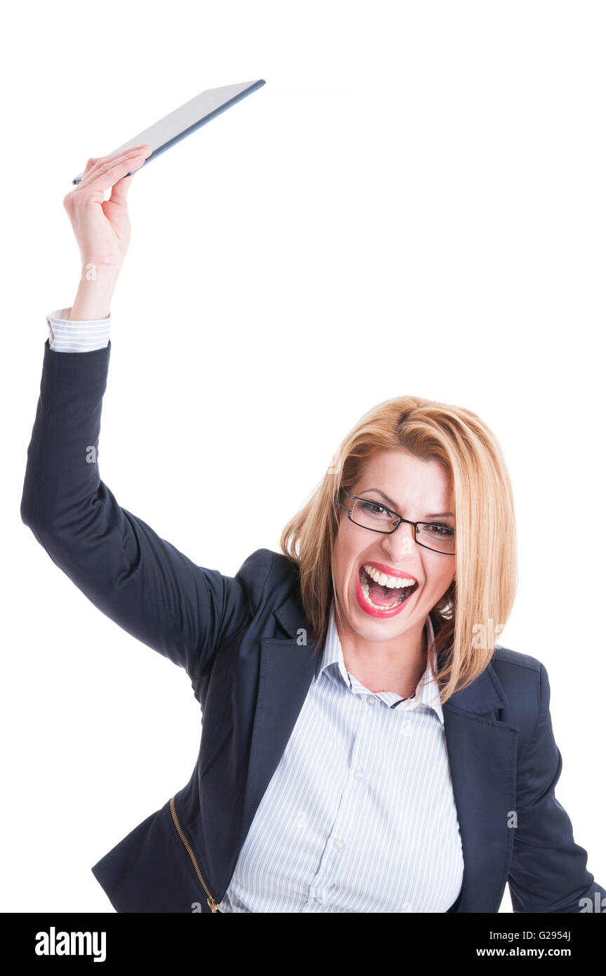 Crazy and angry business woman throwing tablet and shouting. Furious ...