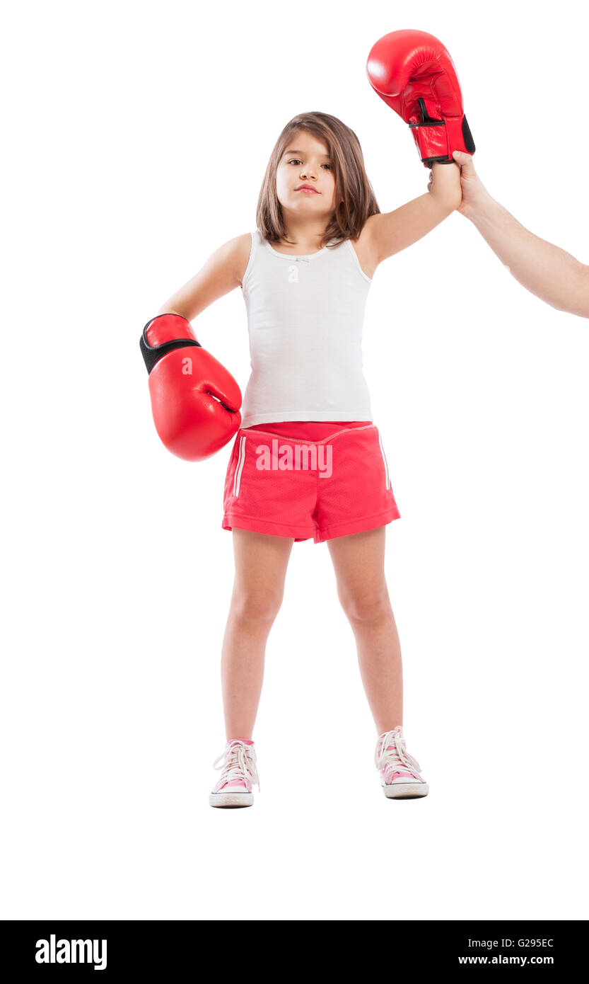 Young boxer girl is a winner on white background Stock Photo - Alamy